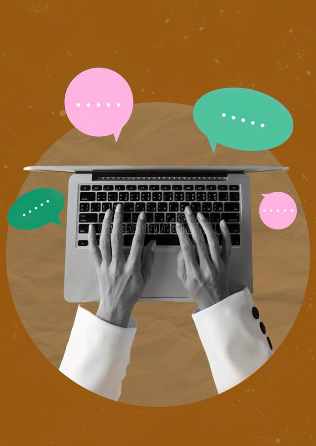 Dynamic Business Collage with Laptop and Speech Bubbles for Creative ...