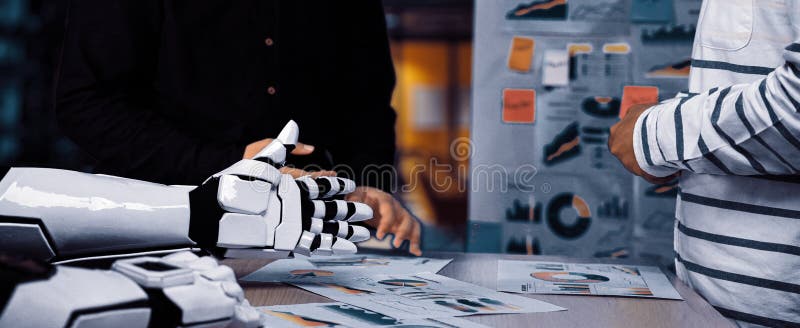 Futuristic Business Meeting with Robot Hand and Human Interaction ...