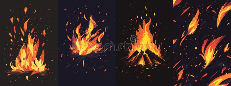 Dynamic Campfire Illustrations with Flames and Sparks Stock ...