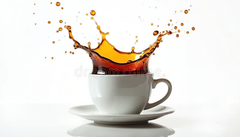 Dynamic Capture of Coffee Splash from Cup on White Background. Caffeine ...