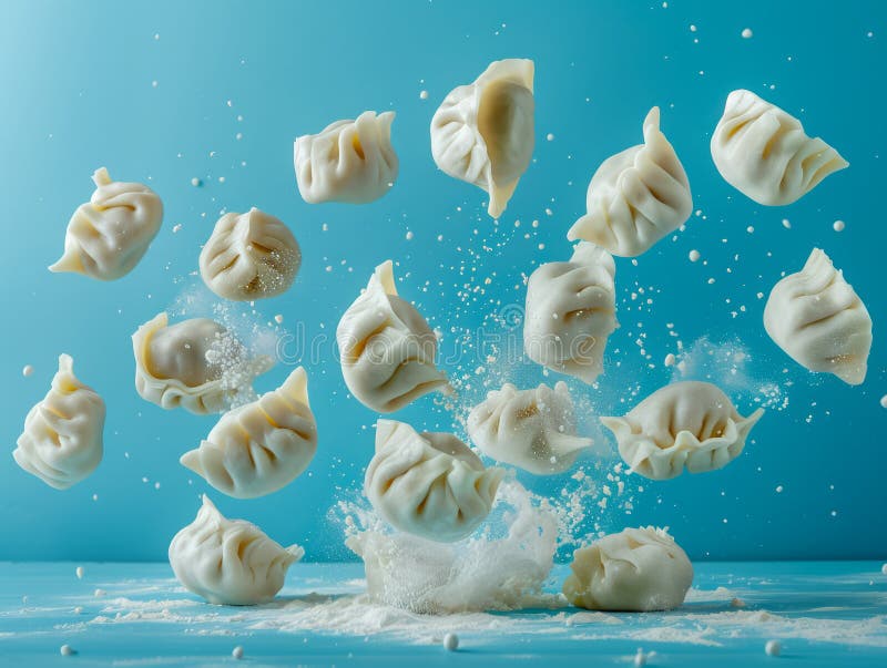 Dynamic Capture of Flying Dumplings with Flour Explosion on Vibrant ...