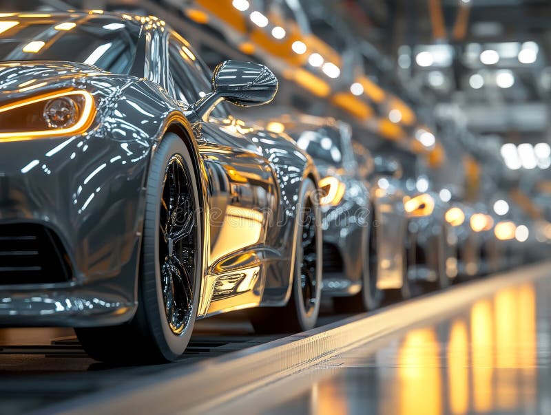 A Dynamic Car Assembly Line Showcasing Gray Vehicles in Various Stages ...