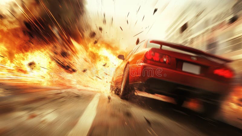 Dynamic Car Chase Action Scene with Explosive Background Effects Stock ...