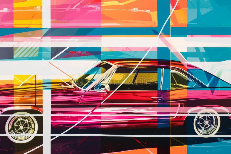 Dynamic Car Collage with White Lines in Segmented Bright Style for a ...