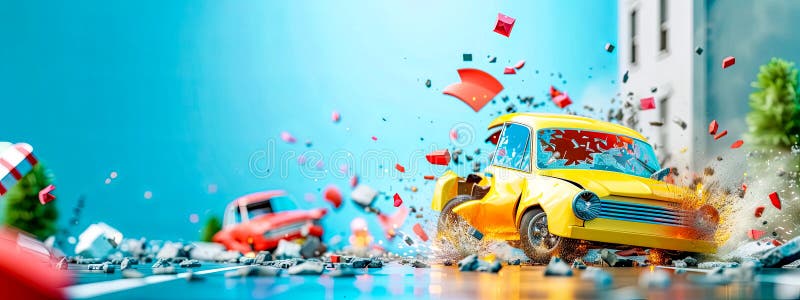 Dynamic Car Collision Scene with Debris on Blue Background Stock Photo ...
