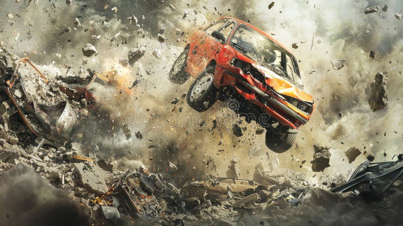 Dynamic Car Explosion in Dramatic Destruction Scene with Debris Stock ...