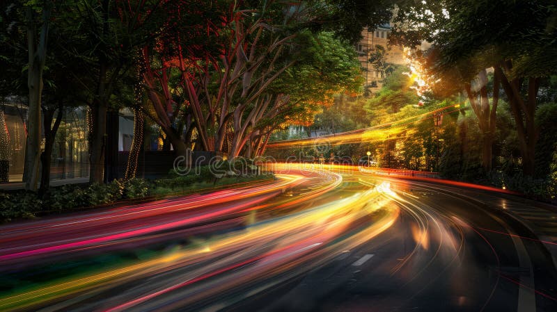 Dynamic Car Movement on Curved Road Amidst Sunset Light Trails in a ...