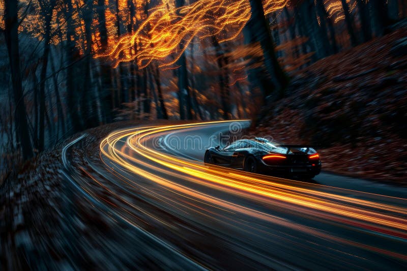 Dynamic Car Movement on Curved Road at Sunset, Creating Blurred Red and ...