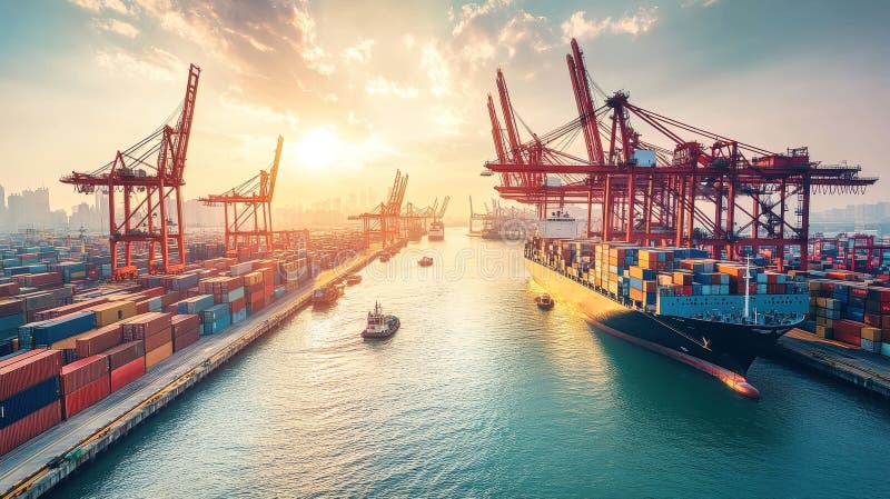 Dynamic Cargo Ship Activity in a Bustling Port Surrounded by Colorful ...