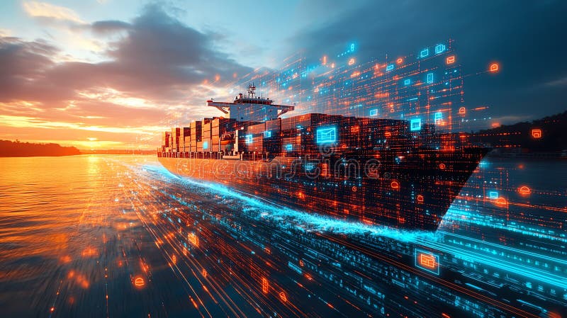 Dynamic Cargo Ship Navigating through Sunset Waters, Symbolizing Trade ...