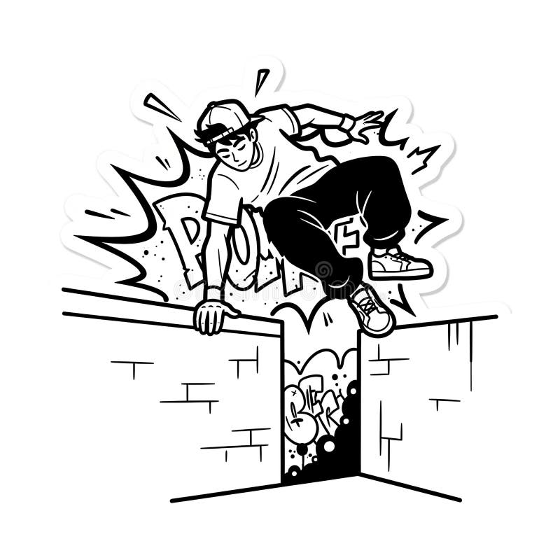 Dynamic Cartoon Boy Doing Parkour Over a Graffiti Wall, Words + Concept ...