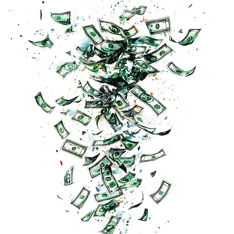 A Dynamic Cascade of US Dollar Bills Rendered in a Watercolor Style ...