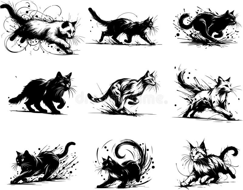 Dynamic Cat Silhouettes with Ink Splatters and Stains in Vector Stencil ...