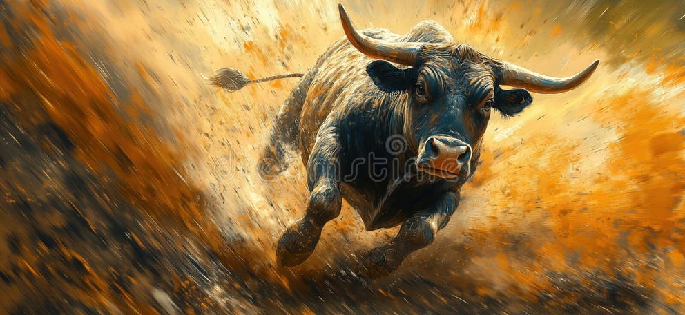 Dynamic Charging Bull in Motion with Dramatic Dust and Color Effects ...