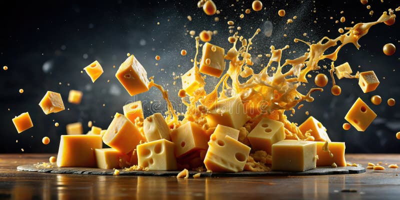 Dynamic Cheese Explosion Cubes and Melted Dairy in Mid-air Splash ...
