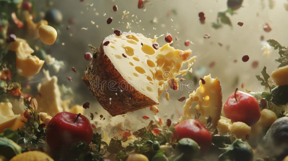 Dynamic Cheese and Fruit Explosion Stock Illustration - Illustration of ...