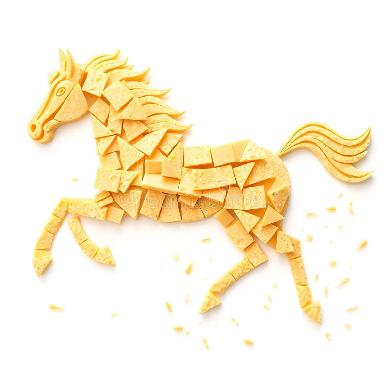 Dynamic Cheese Mosaic of a Galloping Horse, Crafted from Various Cheese ...