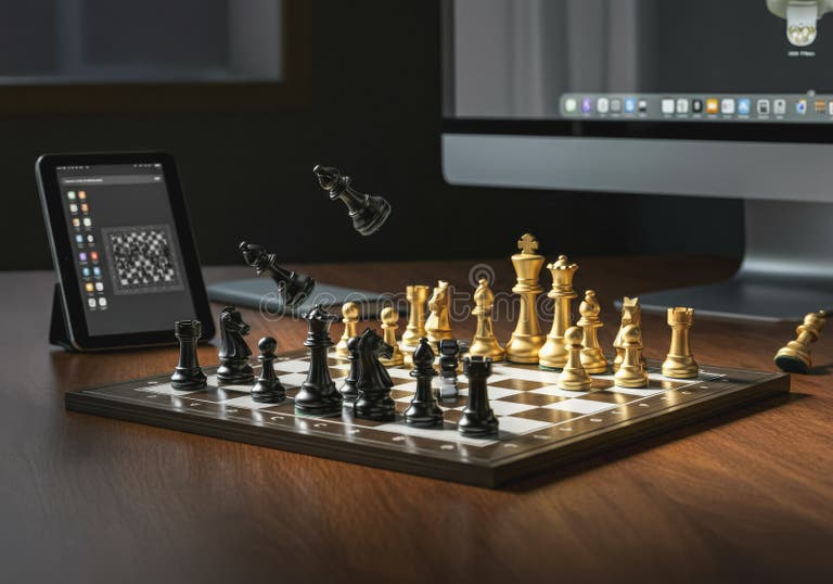 Dynamic Chess Game in Modern Workspace with Computer and Tablet Stock ...