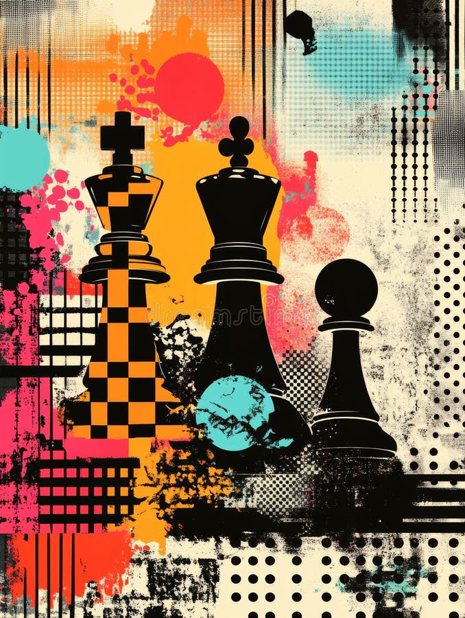Dynamic Chess Set: Bold, Stylized Chess Pieces on a Colorful, Graffiti ...