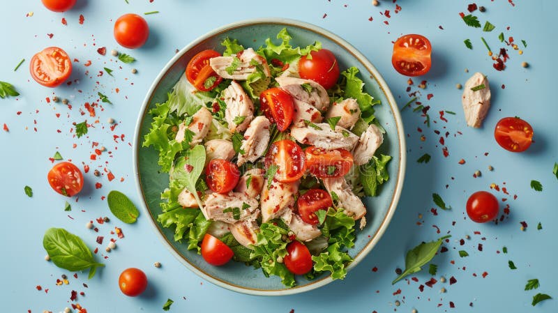 Dynamic Chicken Salad Explosion with Floating Tomatoes and Spices on ...