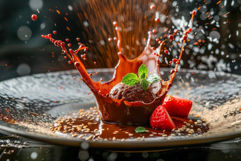 Dynamic Chocolate Dessert Splash on Plate with Strawberry and Mint ...