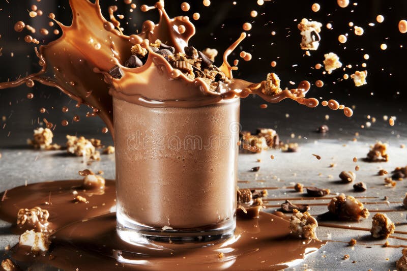 Dynamic Chocolate Milk Splash with Crumbs on Table Captures Energy and ...