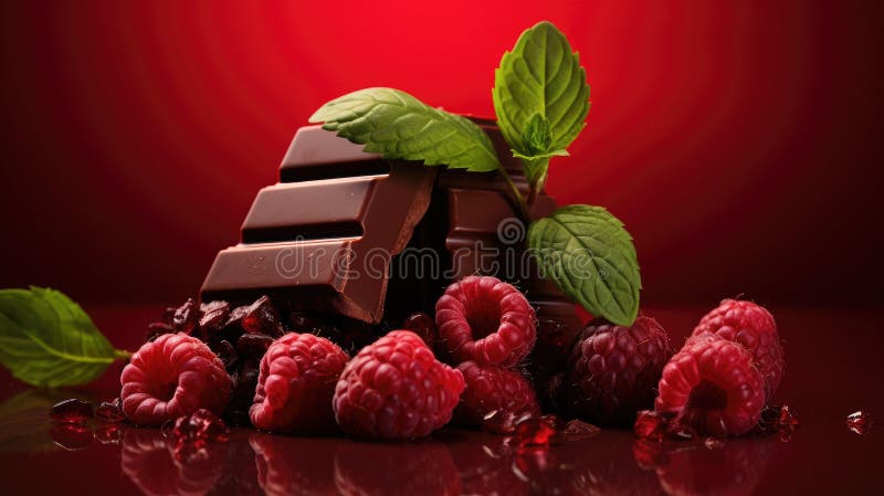 Dynamic Chocolate Splash, Raspberries, Mint on a Rich Red Backdrop ...