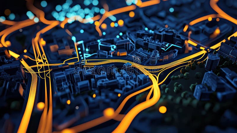 Dynamic City Map with Illuminated Roads, Showcasing Urban ...