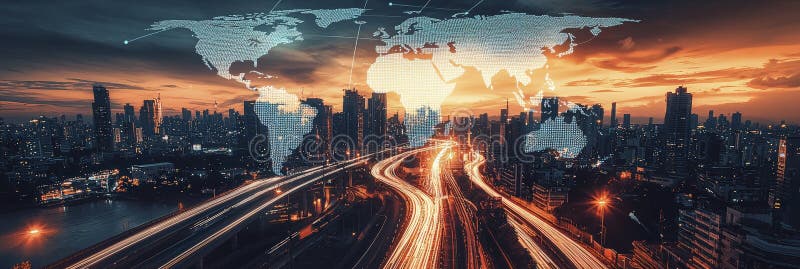 Dynamic City Network Under Illuminated World Map Stock Illustration ...