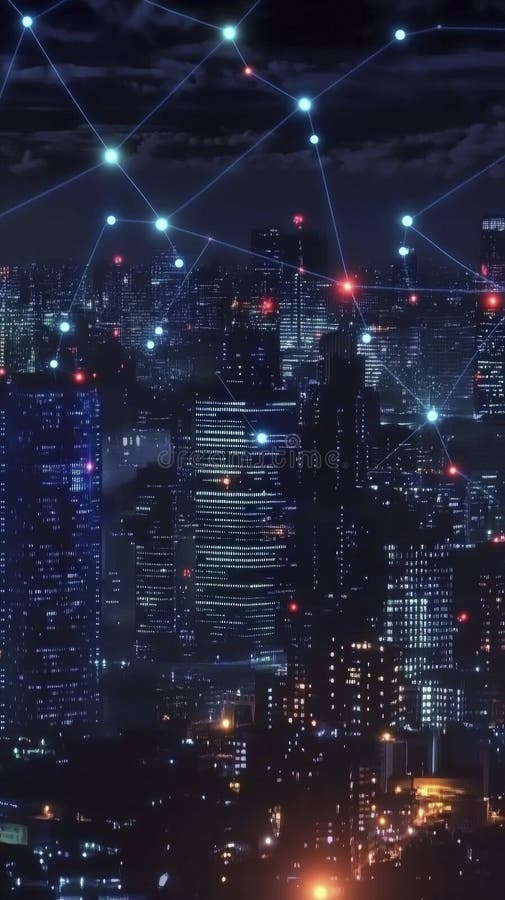 Dynamic City Skyline with Digital Connection Overlay Stock Illustration ...