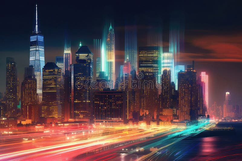 Dynamic City Skyline at Dusk with Colorful Streaks. Generative AI Stock ...