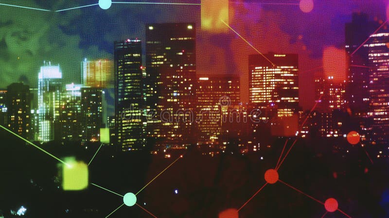 Dynamic City Skyline Lit by a Vibrant Geometric Grid Stock Illustration ...