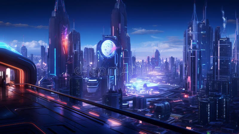 Dynamic City Skyline with Vibrant Neon Lights Stock Illustration ...