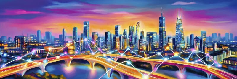 Dynamic City at Sunset with Artistic Data Waves Stock Illustration ...