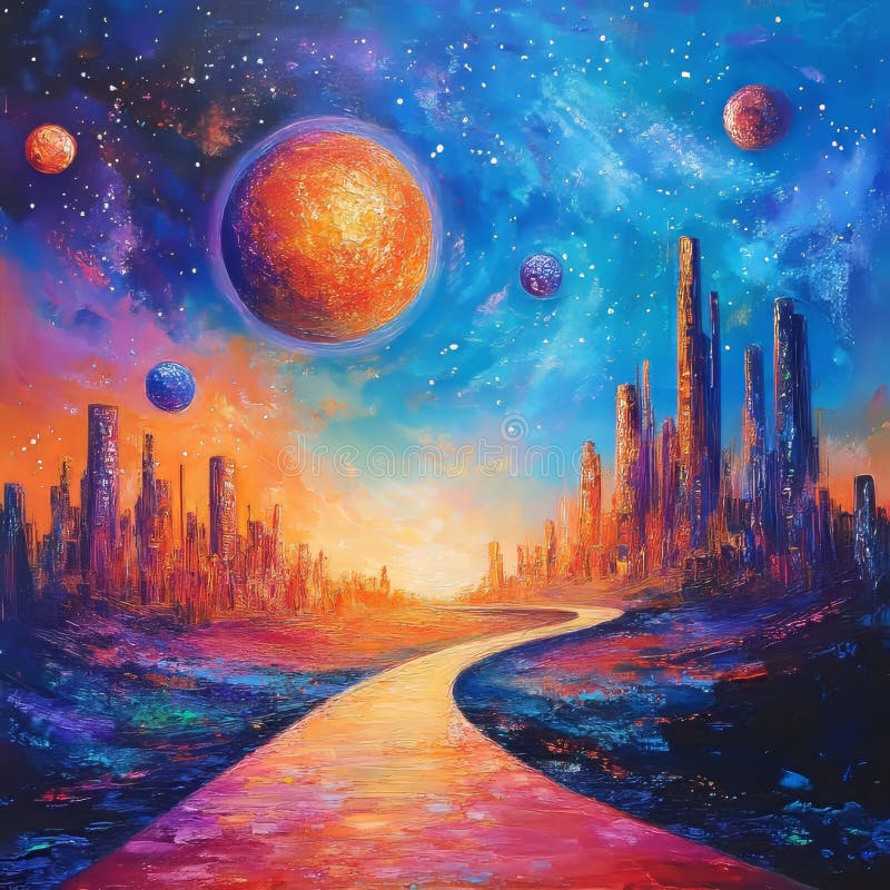 Dynamic Cityscape with an Abstract Cosmic Night Sky and Multicolored ...