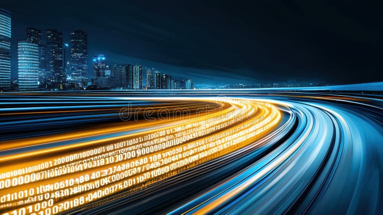 Dynamic Cityscape with Flowing Lights and Binary Code, Representing ...