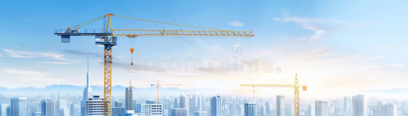 Dynamic Cityscape with High Rise Building Under Construction, Cranes ...