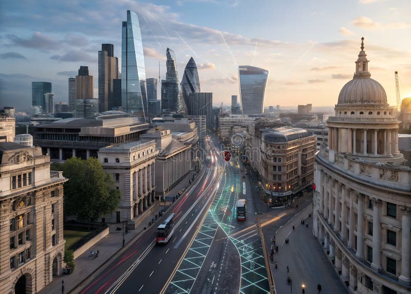 Dynamic Cityscape with Iconic Landmarks and Bustling Streets Stock ...