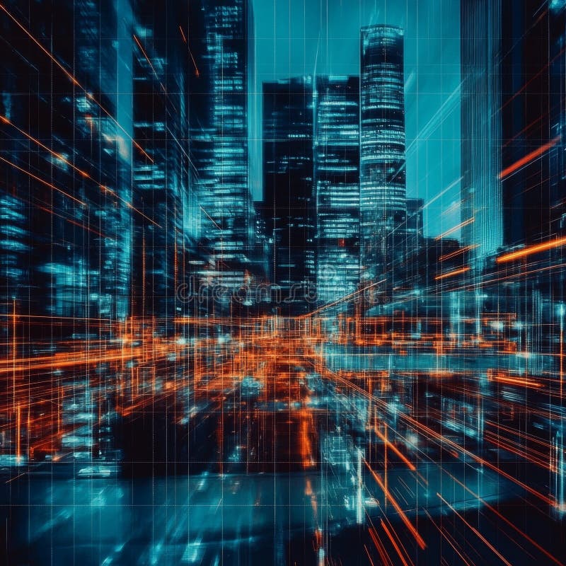 Dynamic Cityscape with Neon Lights and Abstract Motion Effect at ...