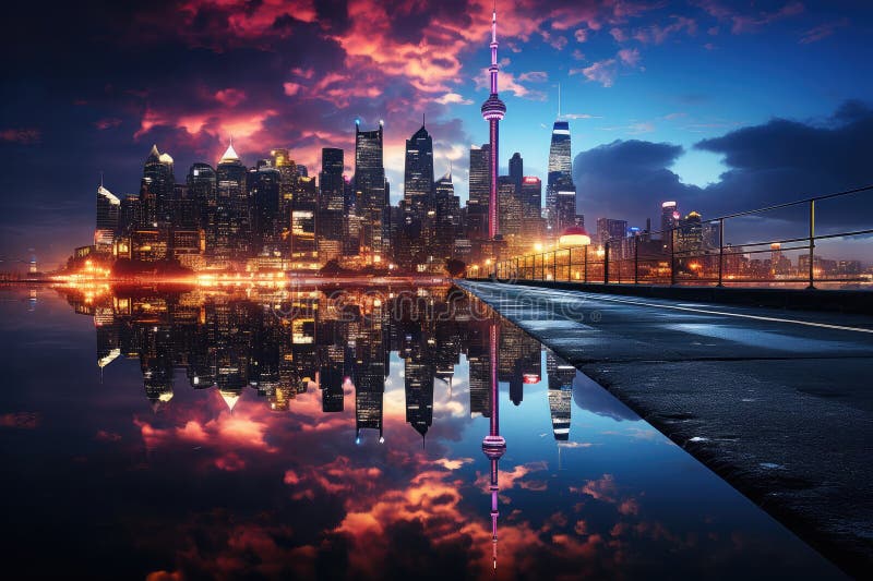 Dynamic Cityscape at Night Neon Lights Reflecting Off Rain-soaked ...