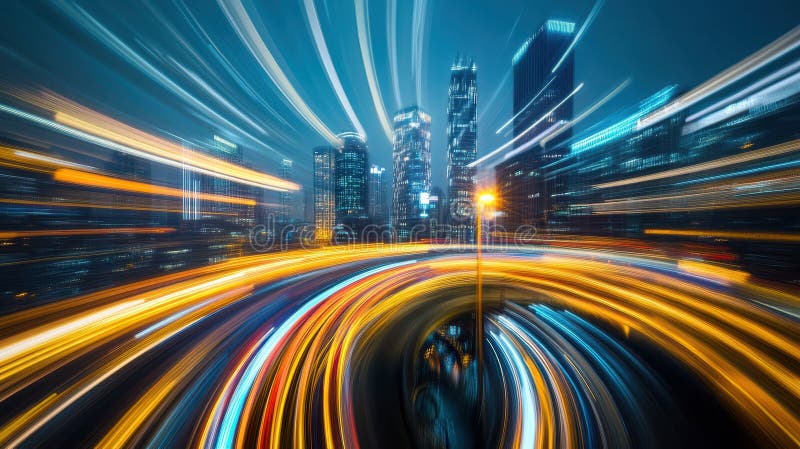 A Dynamic Cityscape at Night, Showcasing Light Trails and Skyscrapers ...