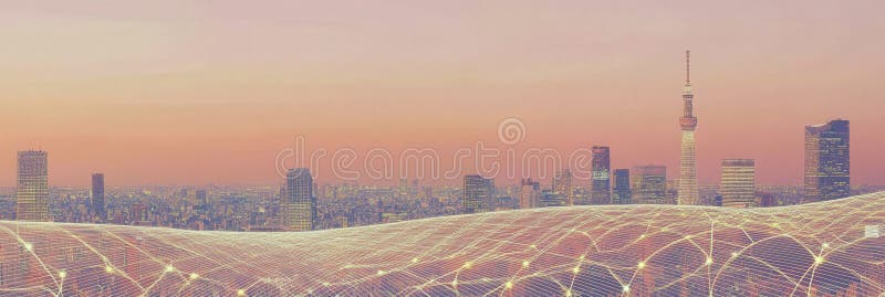 Dynamic Cityscape with Sunset and Digital Light Waves Stock ...