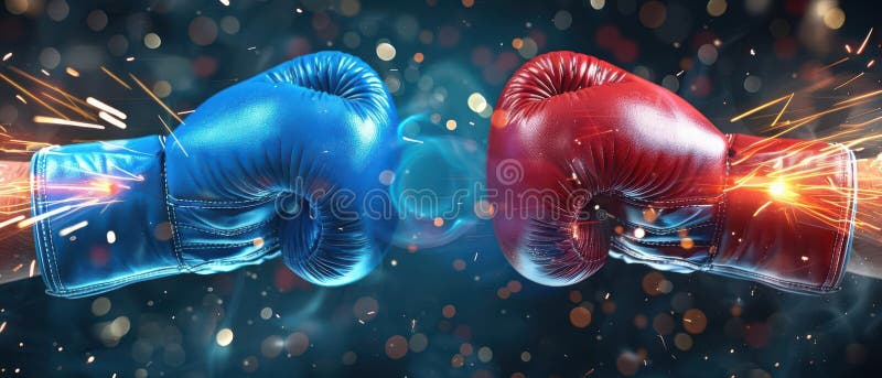 A Dynamic Clash of Blue and Red Boxing Gloves with Sparks Flying ...