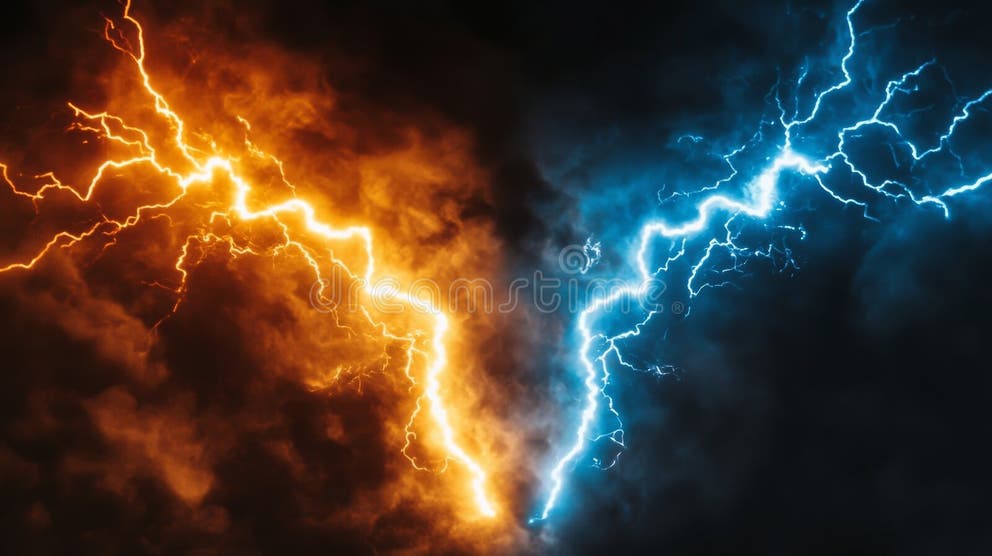 A Dynamic Clash of Blue and Red Lightning on a Red Background, with a ...