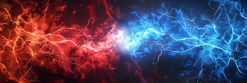 A Dynamic Clash of Electric Energy Striking Red and Blue Lightning in a ...