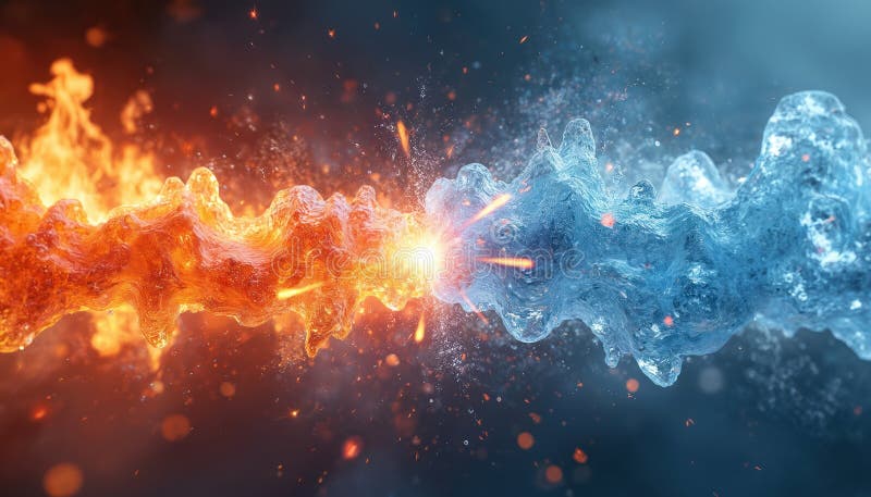 Dynamic Clash Fire Ice. Abstract 3D Render of Opposing Forces Energy ...