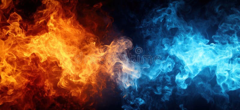 Dynamic Clash of Fire and Ice with Vibrant Orange and Blue Smoke ...
