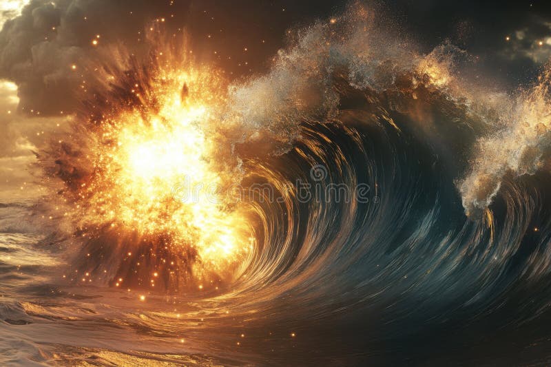 Dynamic Clash of Fire and Ocean Waves during a Dramatic Sunset Stock ...