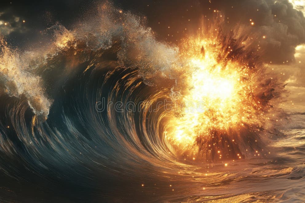 Dynamic Clash of Fire and Ocean Waves during a Dramatic Sunset Stock ...