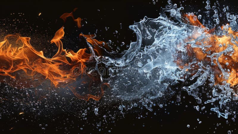 Dynamic Clash of Fire and Water on Black Background. Vibrant Elements ...